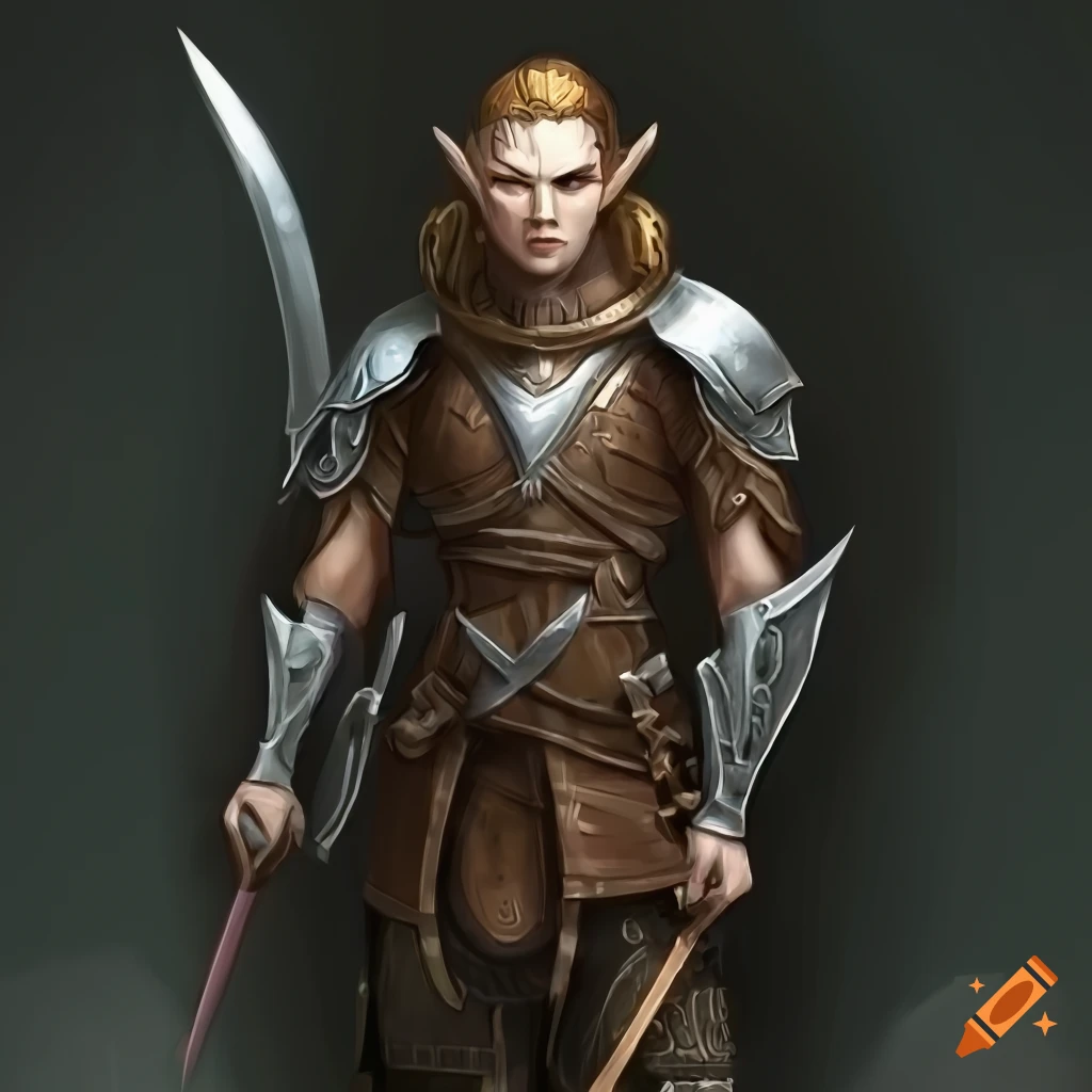 Art of a noble wood elf with dual swords on Craiyon