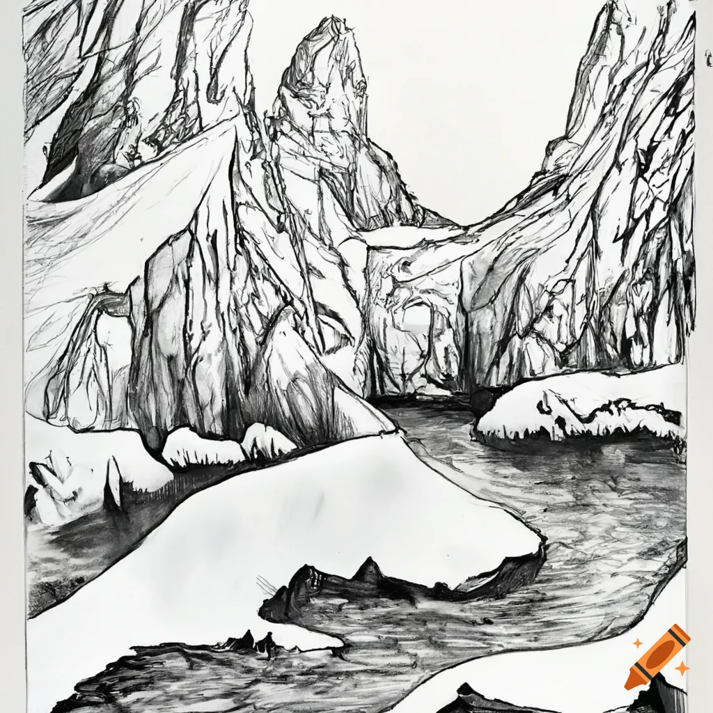 Black and white drawing of an icy landscape on Craiyon