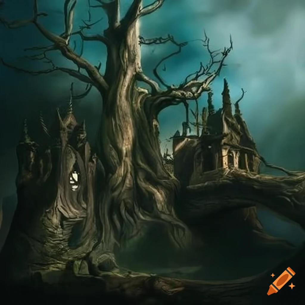 Image of a castle merged with a giant ancient tree on Craiyon