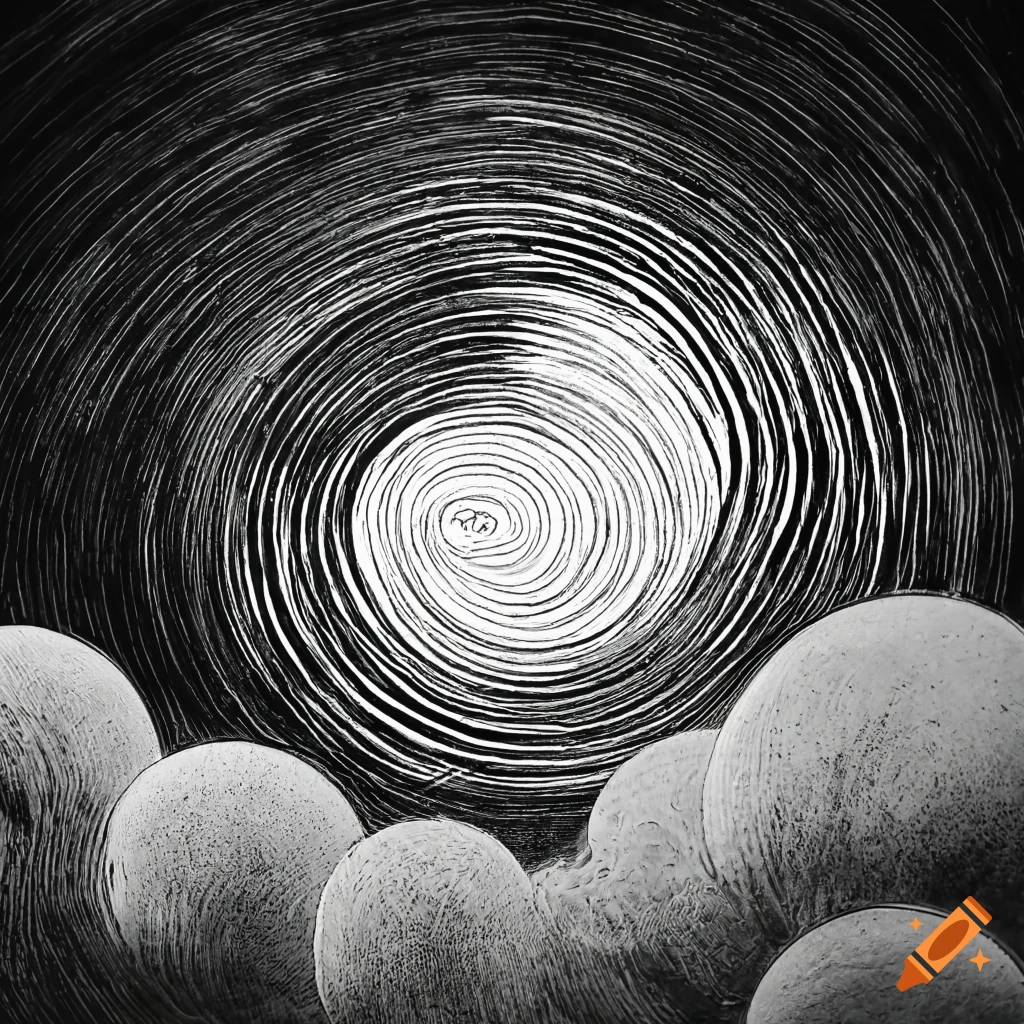 Black and white woodcut print of abstract cloud patterns with a ...