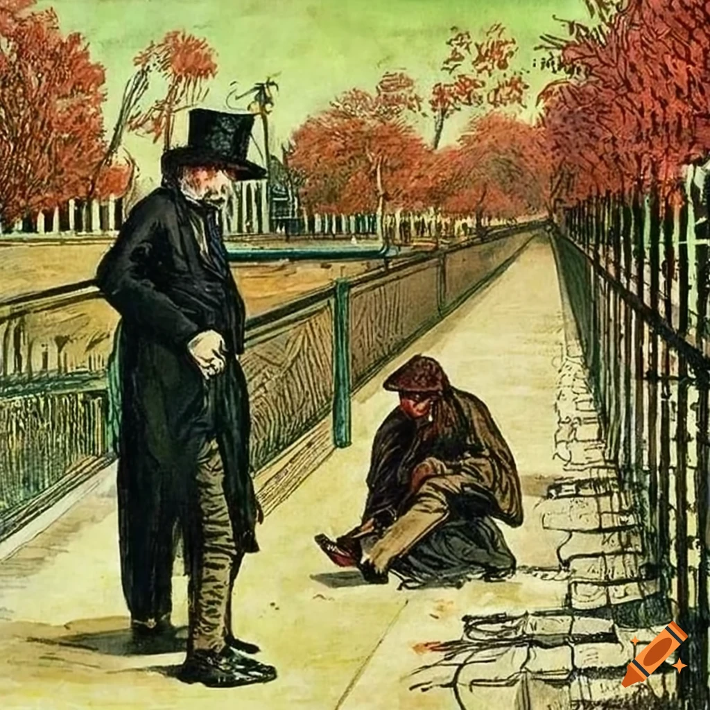 Illustration poster of a beggar on park promenade on Craiyon