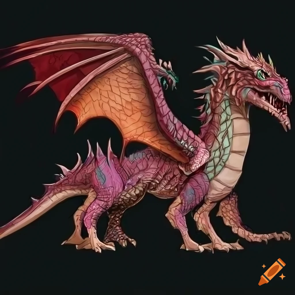 Side view illustration of a detailed dragon with wings and four legs on ...