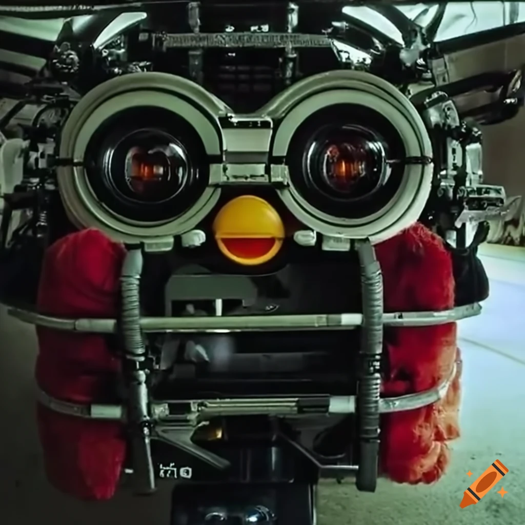 Up close shot of a creepy furby endoskeleton in a foggy room on Craiyon