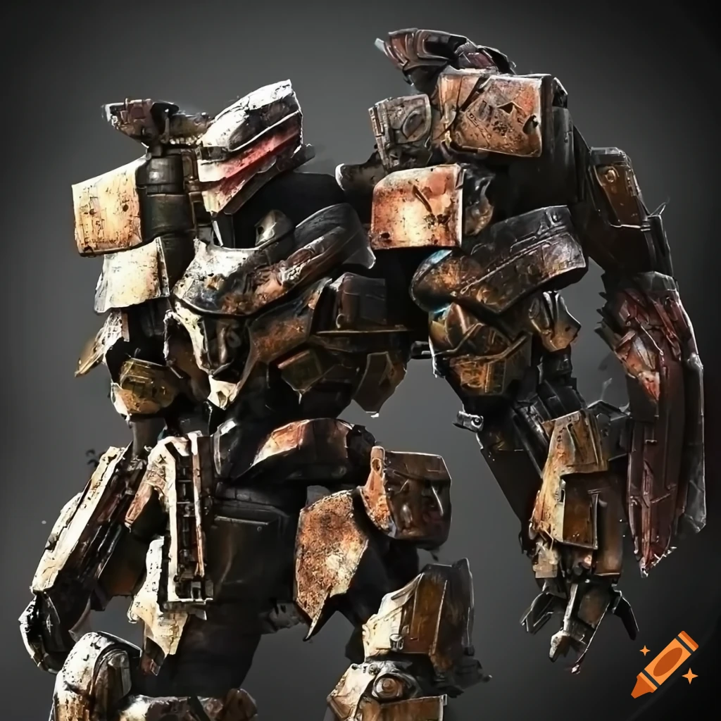 Image of a battle-hardened and damaged armored core on Craiyon