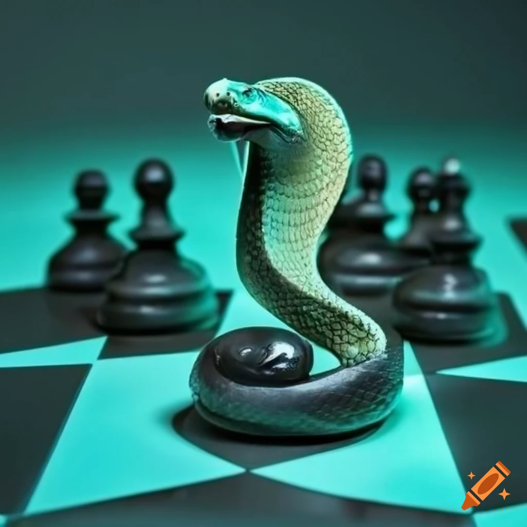 Neon cyan chess knight with a black cobra on a chessboard on Craiyon