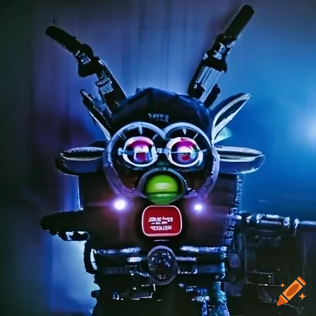 Photo-realistic close-up of giant furby endoskeleton in a foggy house ...