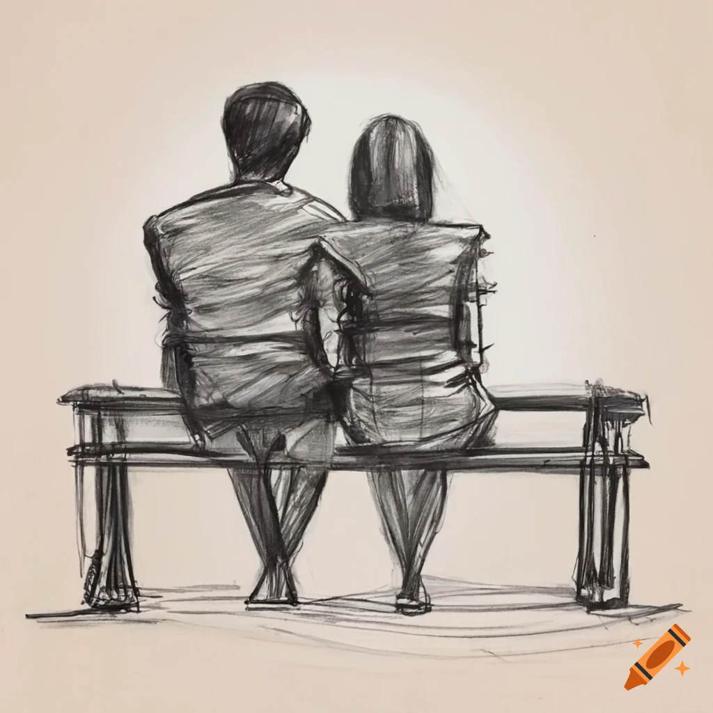 Pencil drawing of a couple sitting on a bench on Craiyon