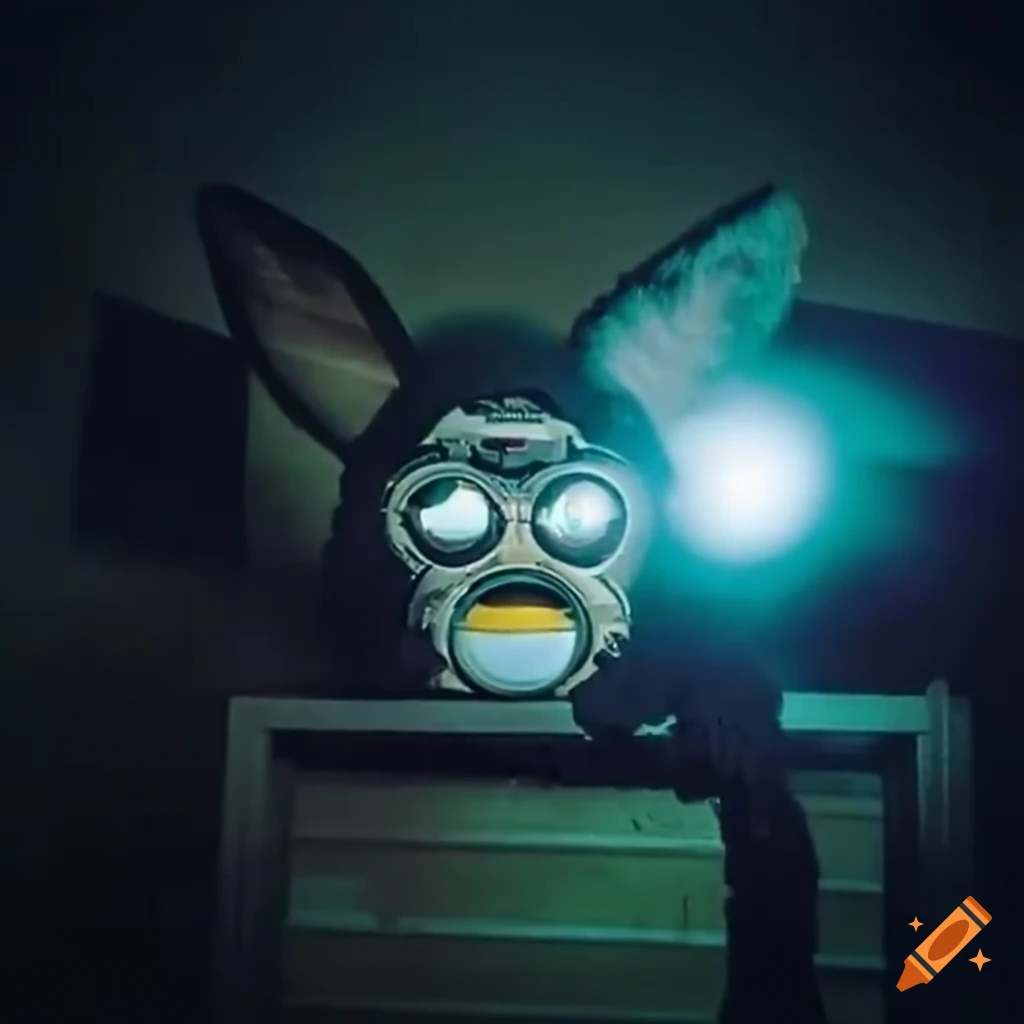 Photo realistic close-up of a giant furby creature in a foggy forest on Craiyon