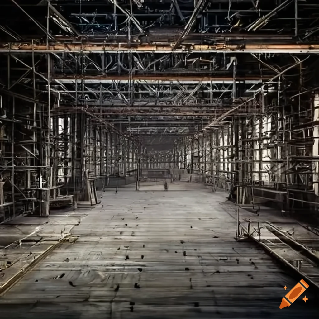 Hyper realistic render of a shipyard hall with scaffolding on Craiyon