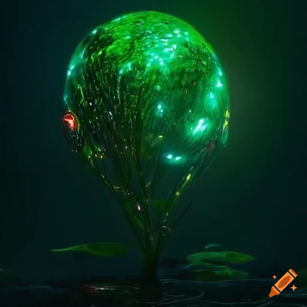 Glowing futuristic orb in alien plants on Craiyon