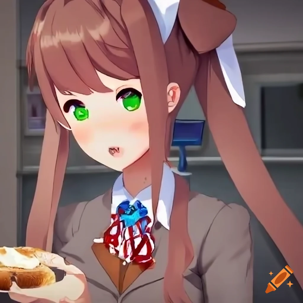 Monika from doki doki literature club eating a bagel on Craiyon
