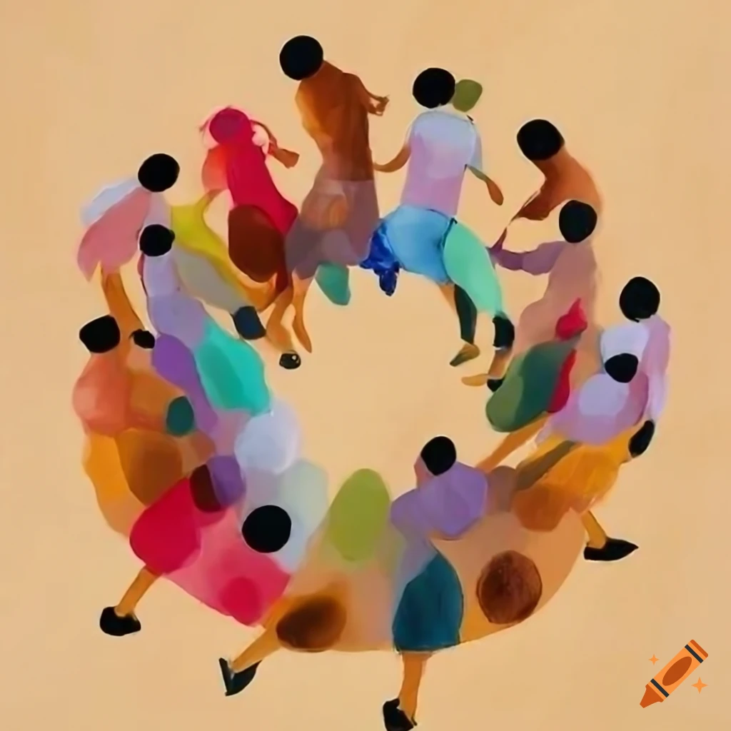 Painting of people joyfully dancing in a circle on Craiyon