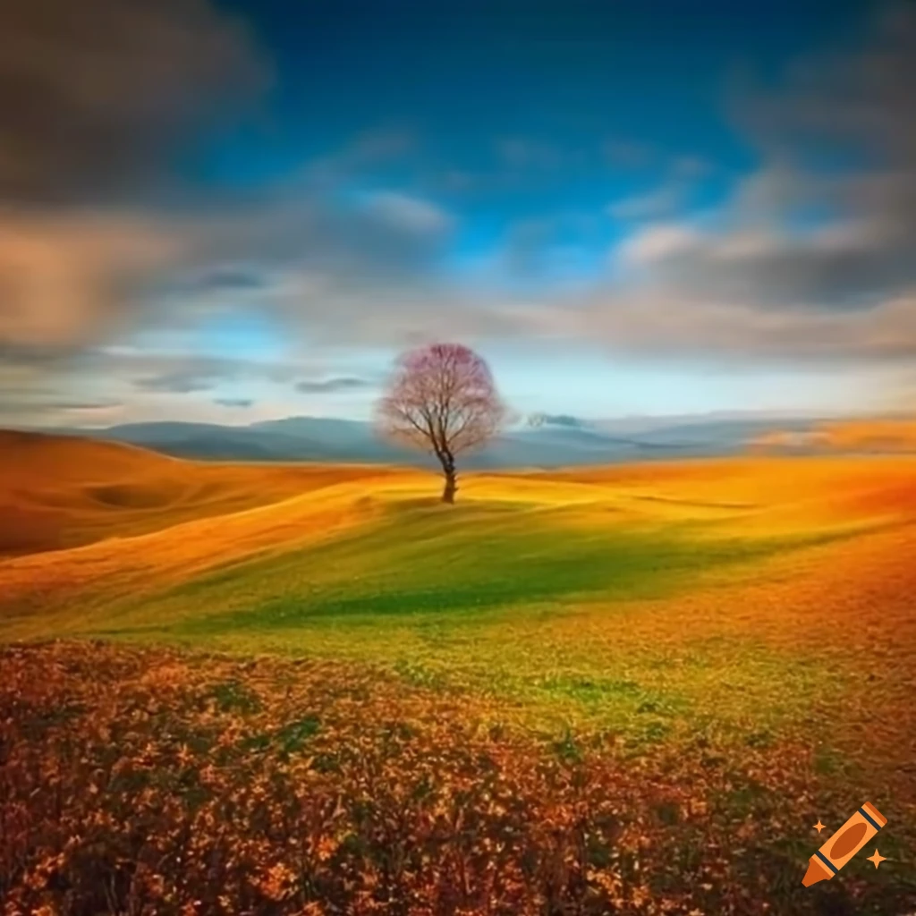 Autumn landscape with a lone tree on a grassy knoll on Craiyon