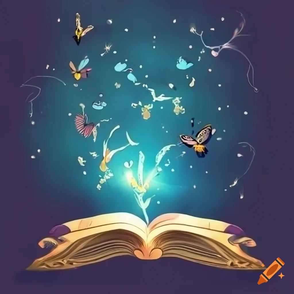 Magical graphic design of open book with jumping sparks and butterflies ...
