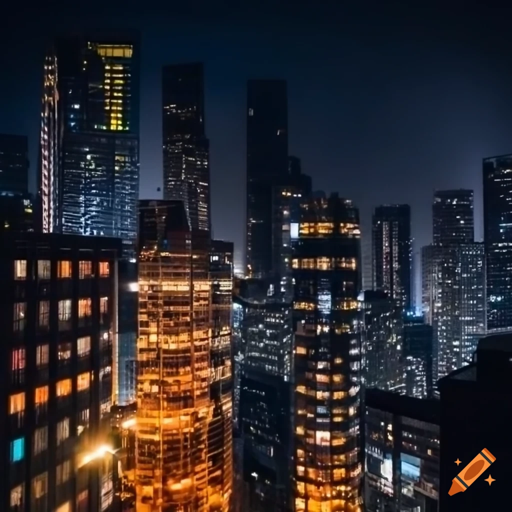 Night view of a modern city with lit up skyscrapers on Craiyon