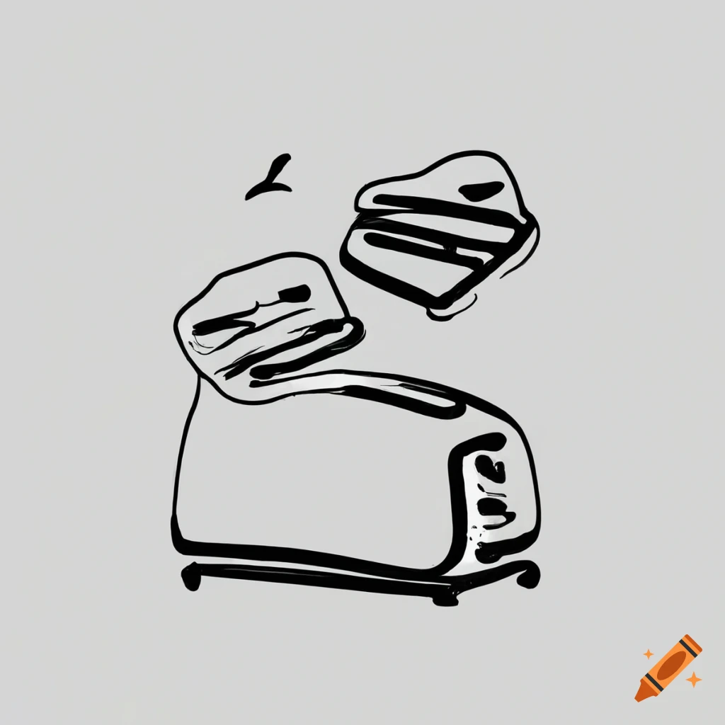 Minimalistic drawing of a flying toast and toaster on Craiyon