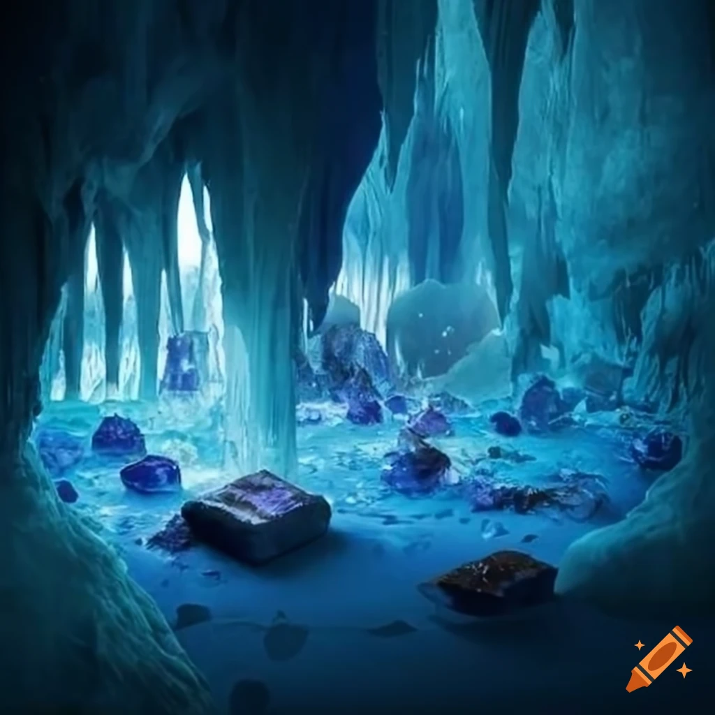 Blue crystal-filled cave with a treasure chest