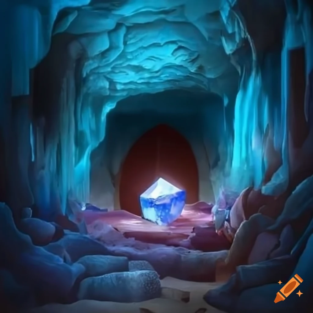 Image of a cave with stunning blue crystals and a treasure chest on Craiyon