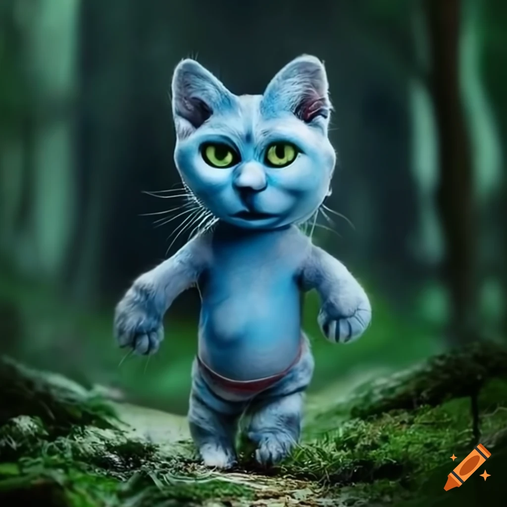 Hyper-realistic artwork of a cat resembling a smurf in a forest on Craiyon