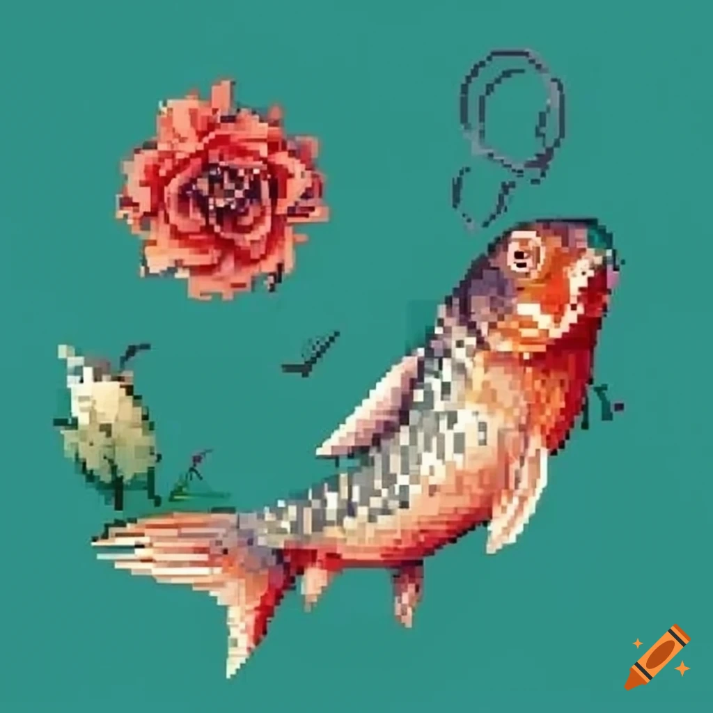 Pixel art of carp, butterflies, and flowers
