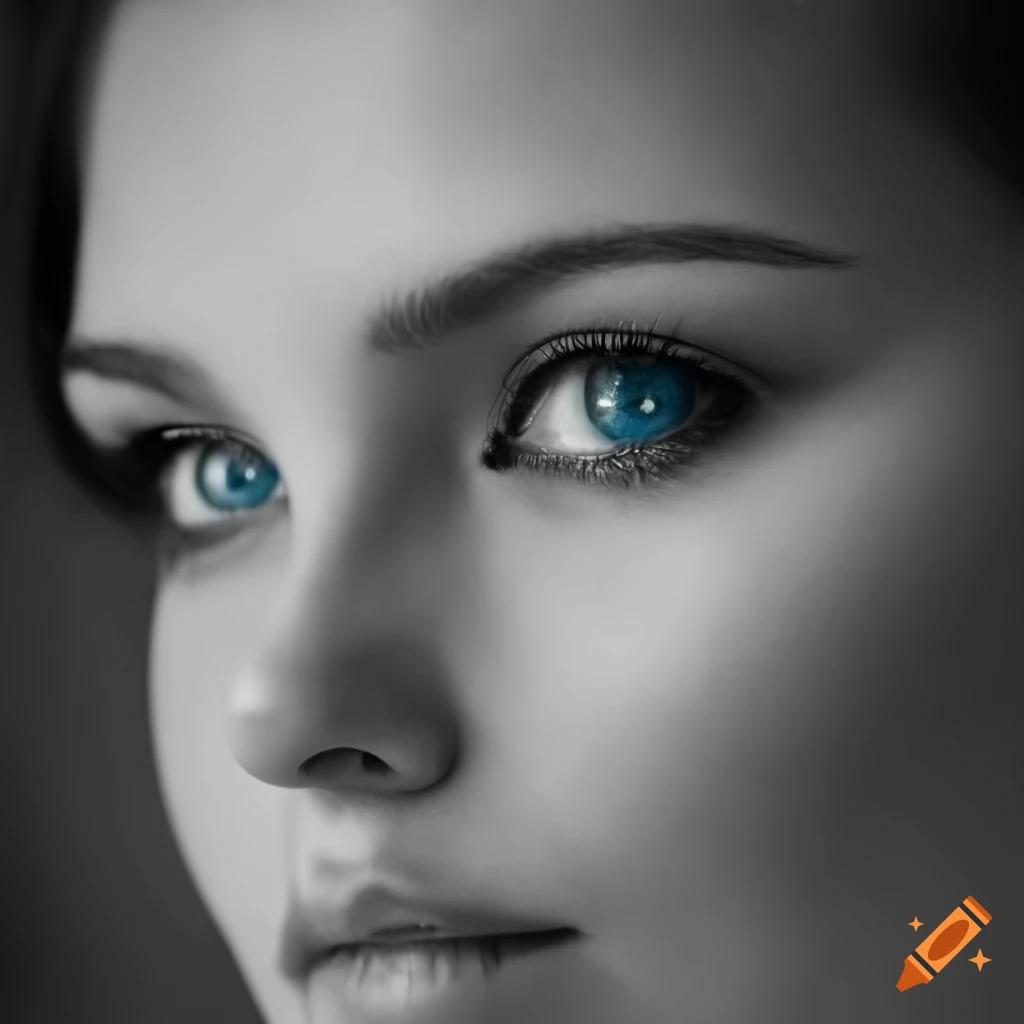 Monochrome portrait of a lady with blue eyes on Craiyon