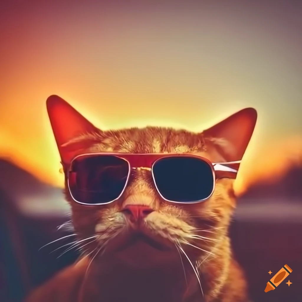 Orange cat with sunglasses in a car during sunset on Craiyon