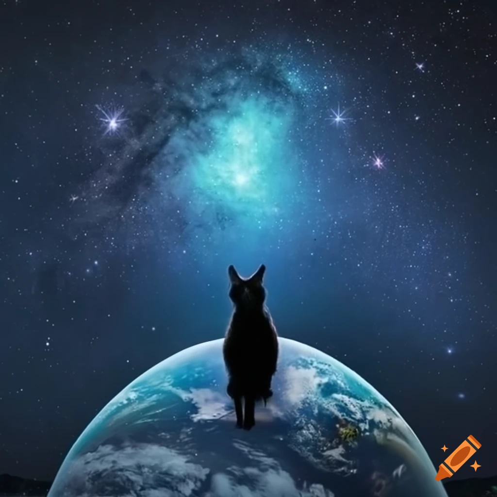 Digital art of a serene black cat returning to the stars via the ...