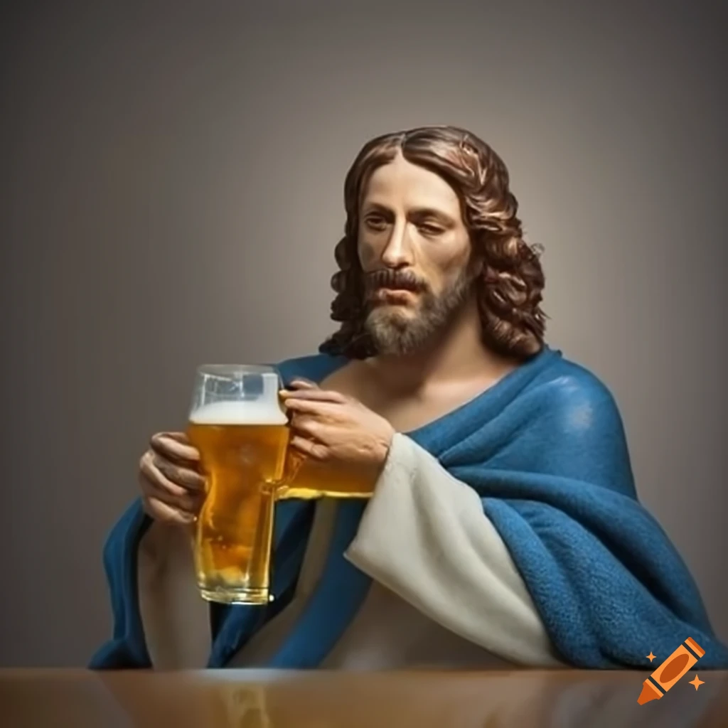 Humorous portrayal of Jesus with a beer on Craiyon