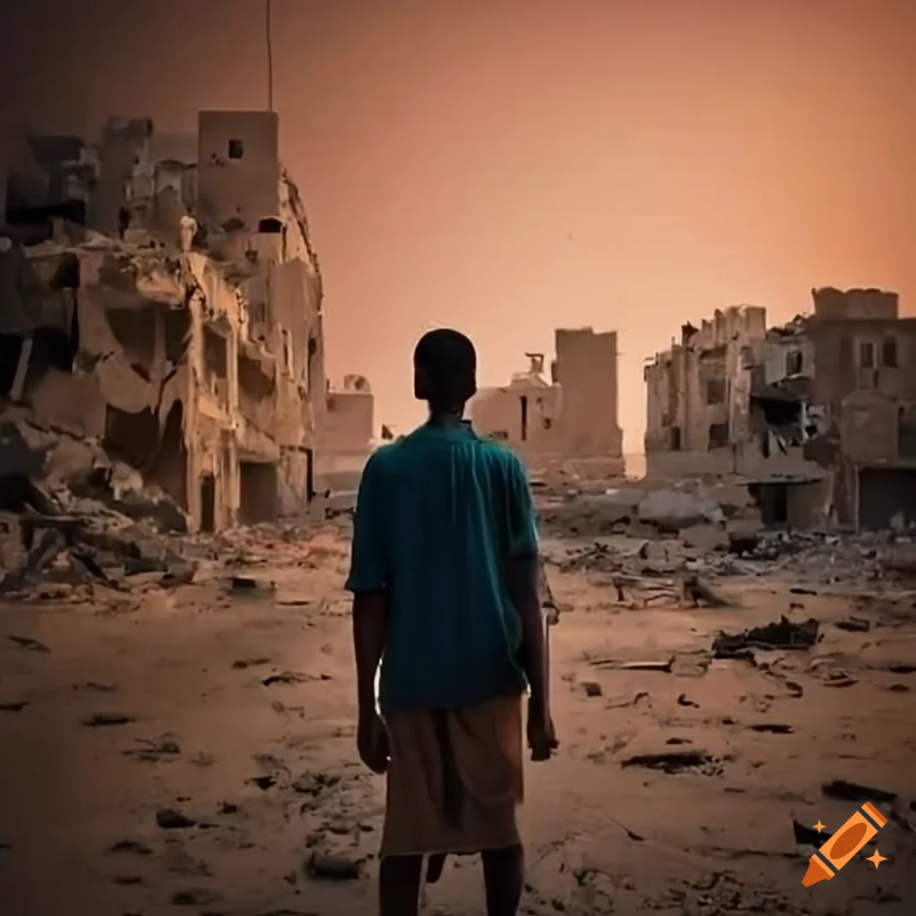 Image of a man standing in a destroyed city on Craiyon