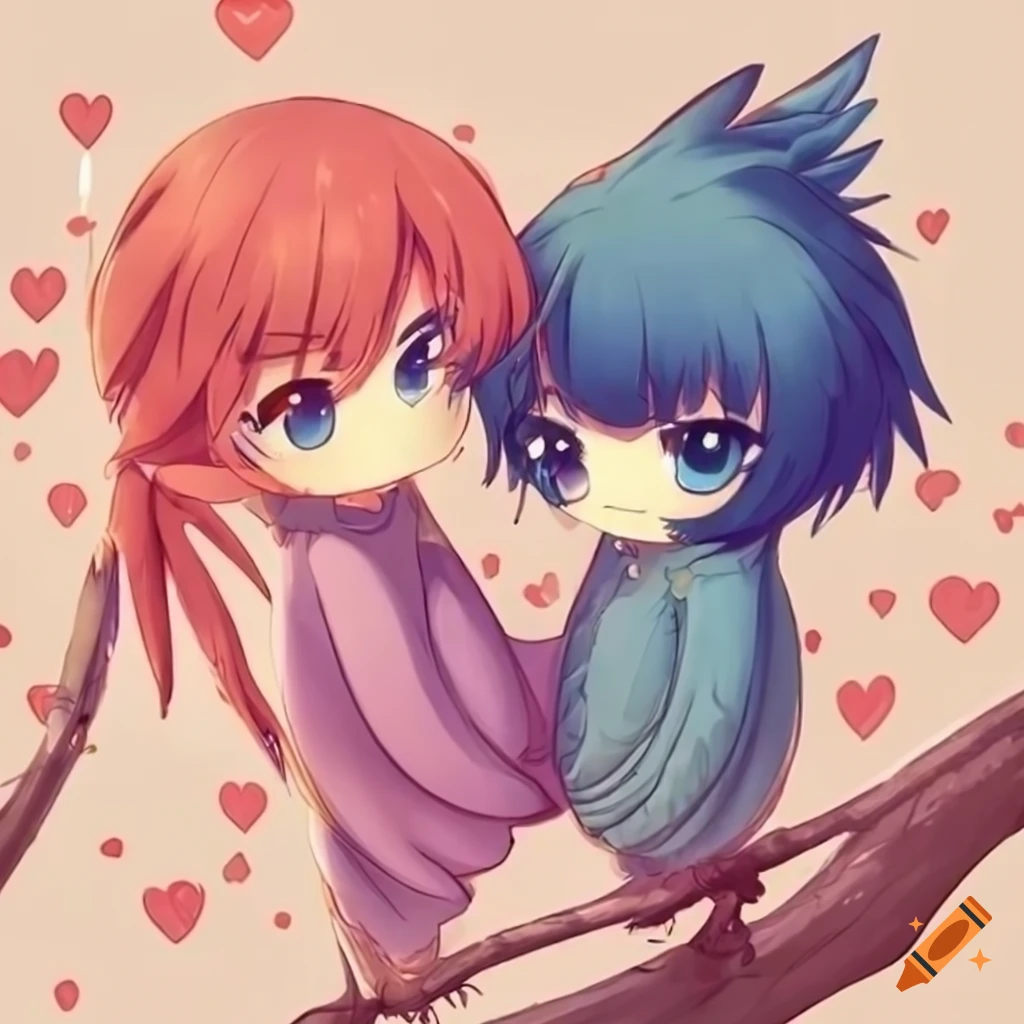 Cute anime chibi love birds on a branch on Craiyon