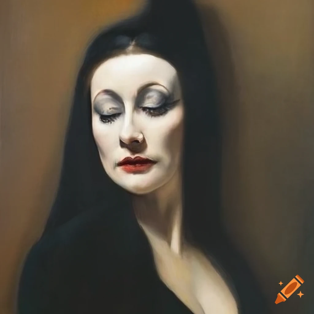 Portrait of Morticia Addams with closed eyes on Craiyon