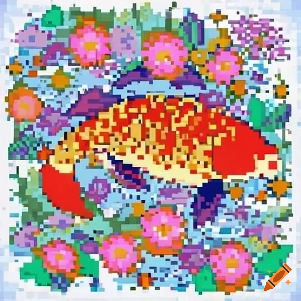 Pixel art of carp, butterflies, and flowers on Craiyon