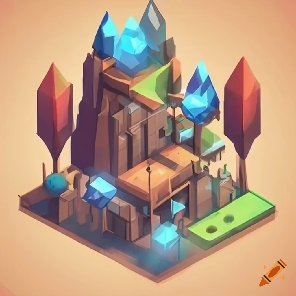 Isometric game artwork of a tall crystal on Craiyon