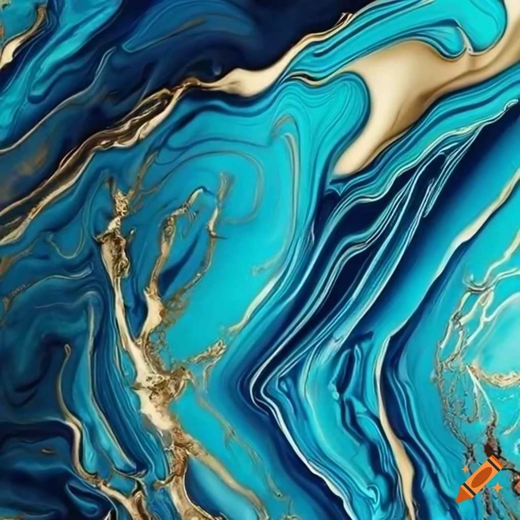 Artistic image of deep blue and turquoise ink with gold lines on Craiyon