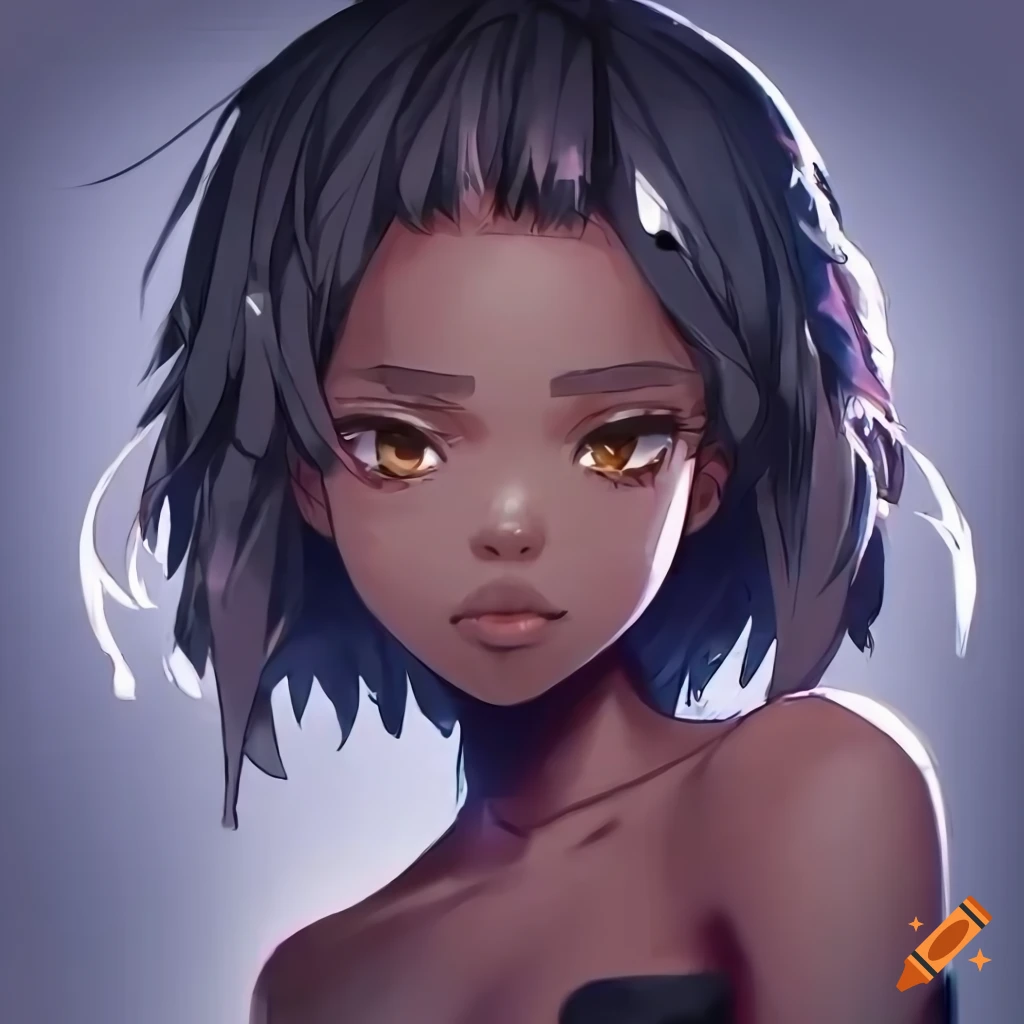 Anime-style portrait of a girl with black skin and brown eyes on Craiyon