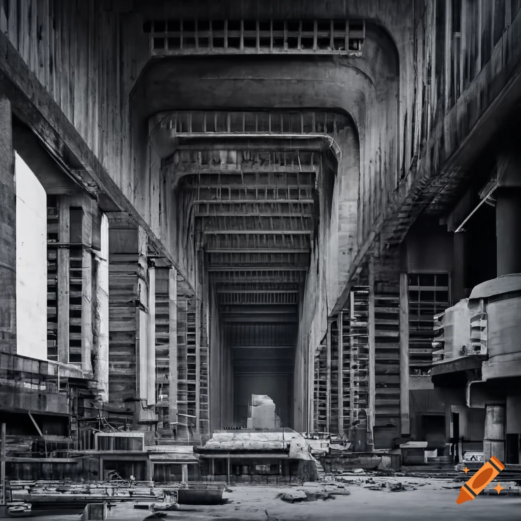 Brutalist industrial architecture with pipes and cables on Craiyon