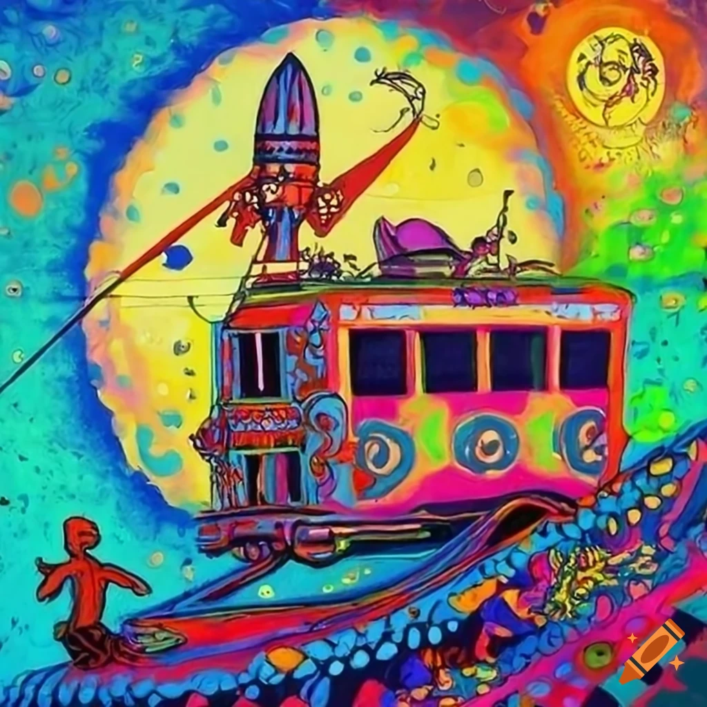 Dayglo psychedelic painting with car, rocket, galleon, bus, train, and ...