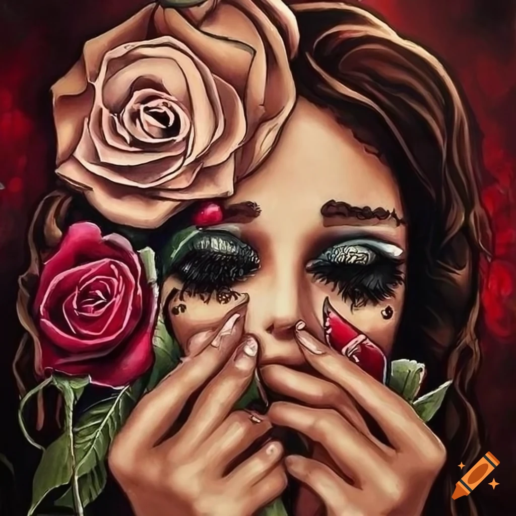 Closeup of a woman crying with a rose on Craiyon