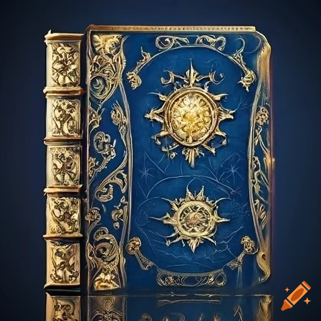Intricately embossed blue leather book with celestial motifs on Craiyon