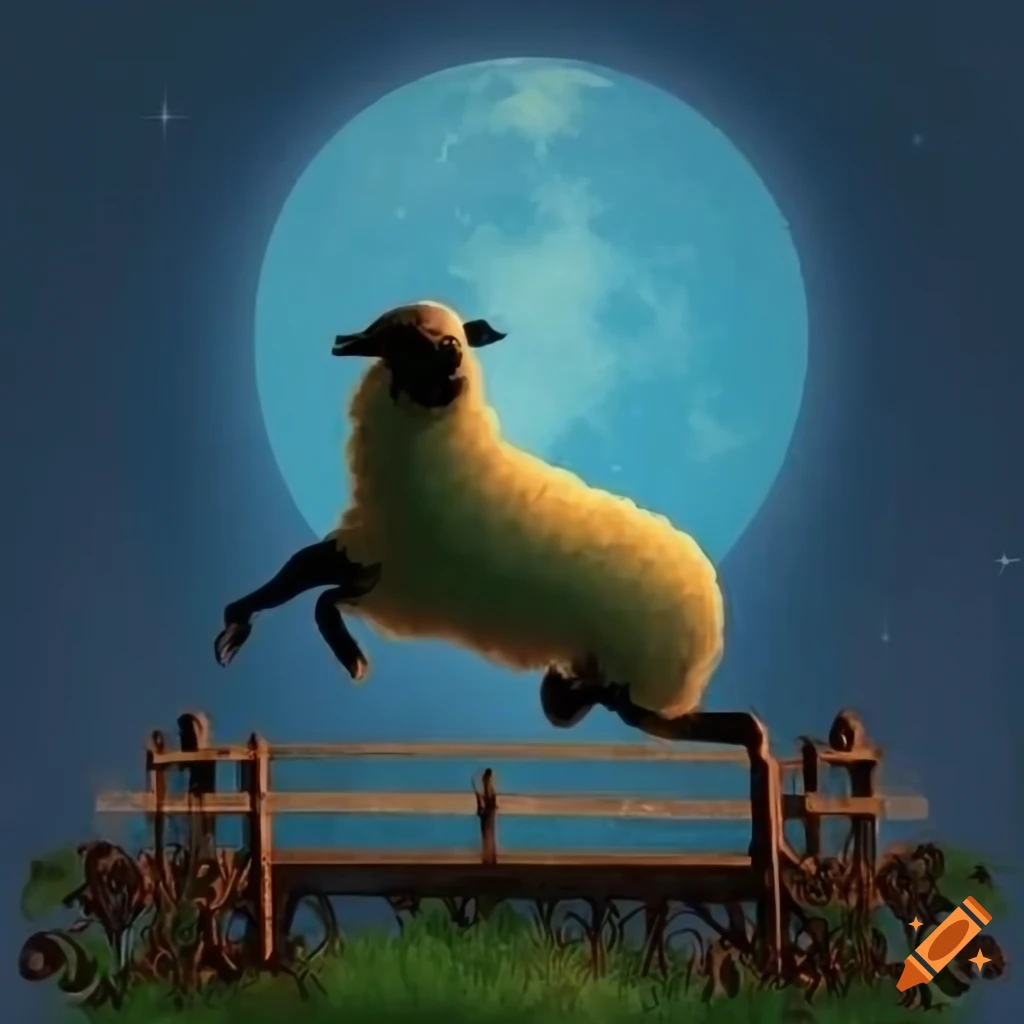 Art Nouveau sheep jumping over a rail fence under a large moon on Craiyon