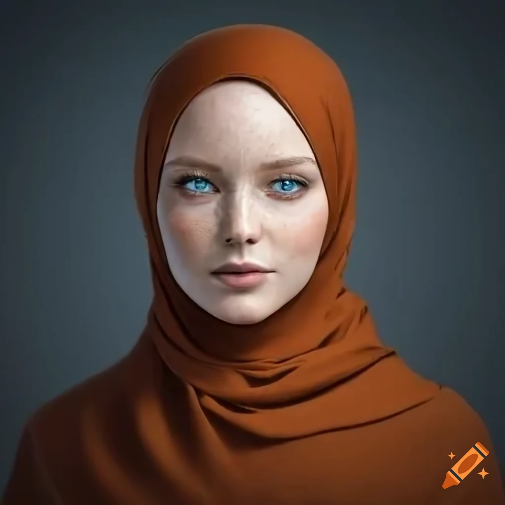 Portrait of a ginger girl with freckles and blue eyes wearing a hijab ...