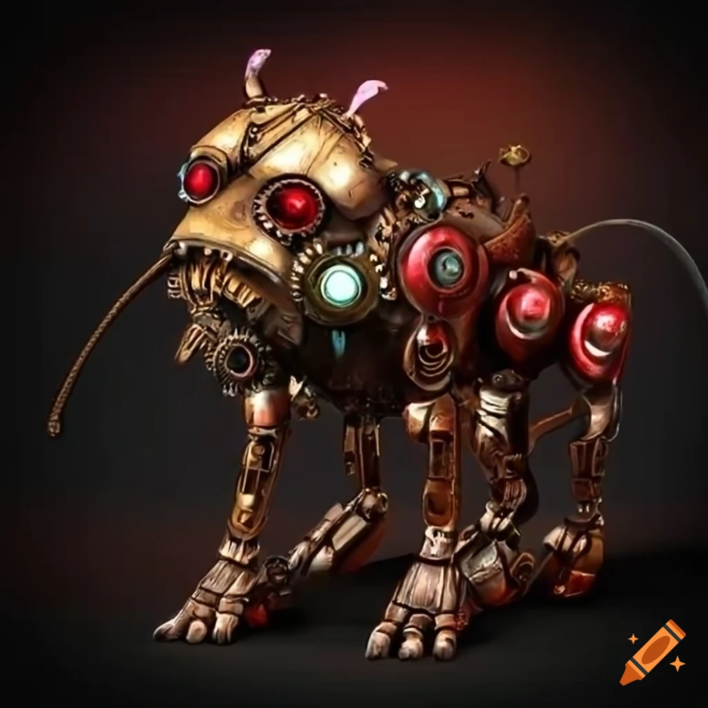 Impressive steampunk robot dog with glowing red eyes on Craiyon