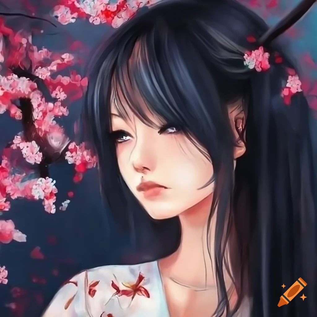 Oil painting of a beautiful japanese girl with long black hair on Craiyon