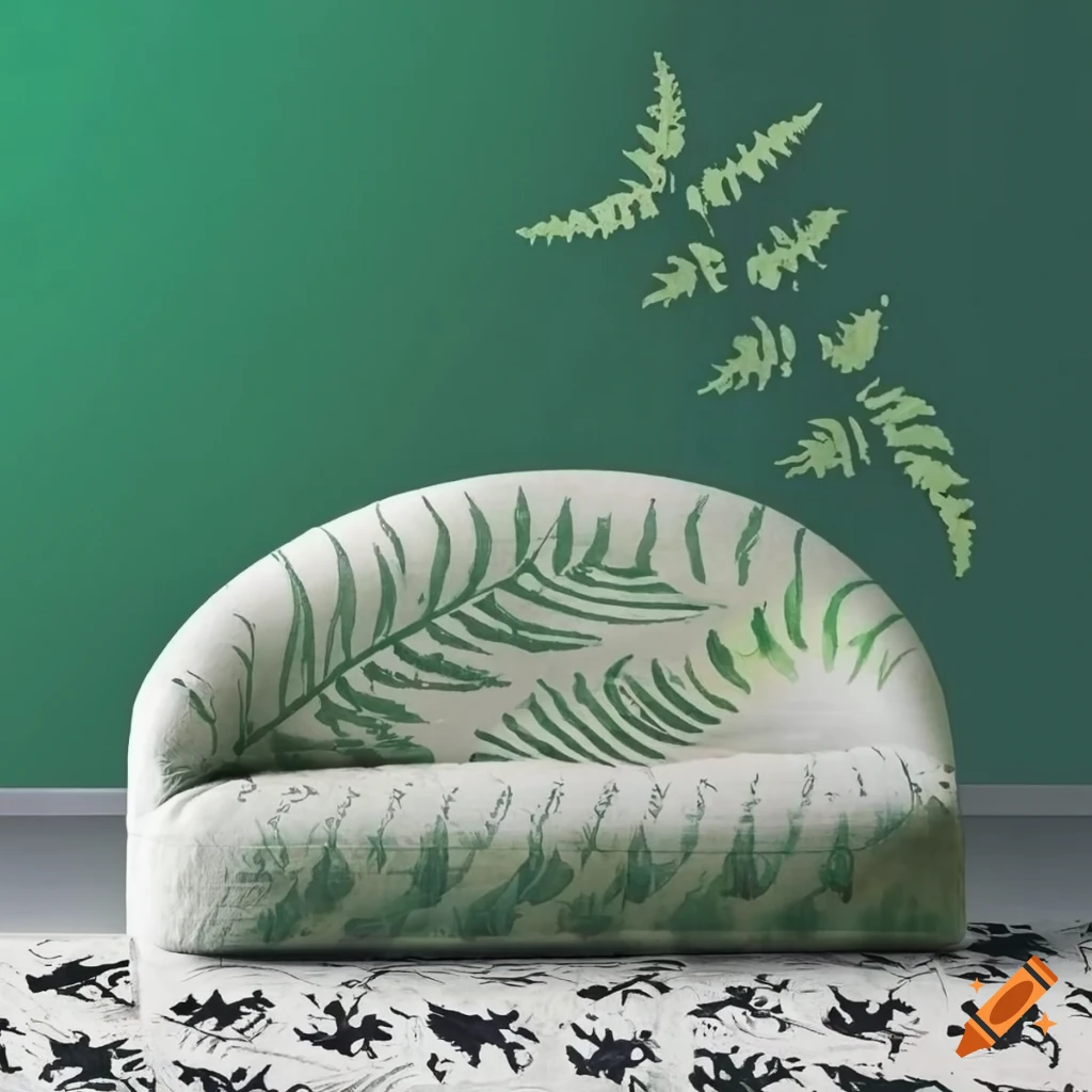 Artistic legless couch with green fern print
