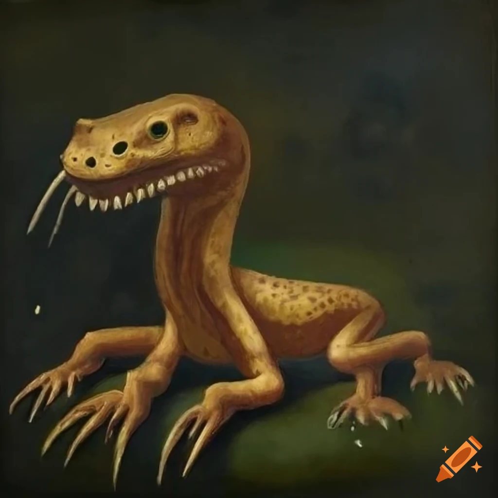 Vintage painting of a reptile creature in a wunderkammer on Craiyon