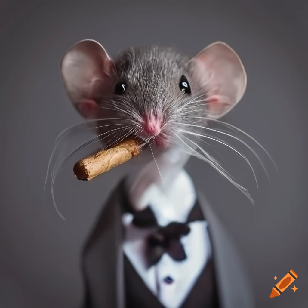 Funny image of a mouse in a tuxedo smoking a cigar on Craiyon