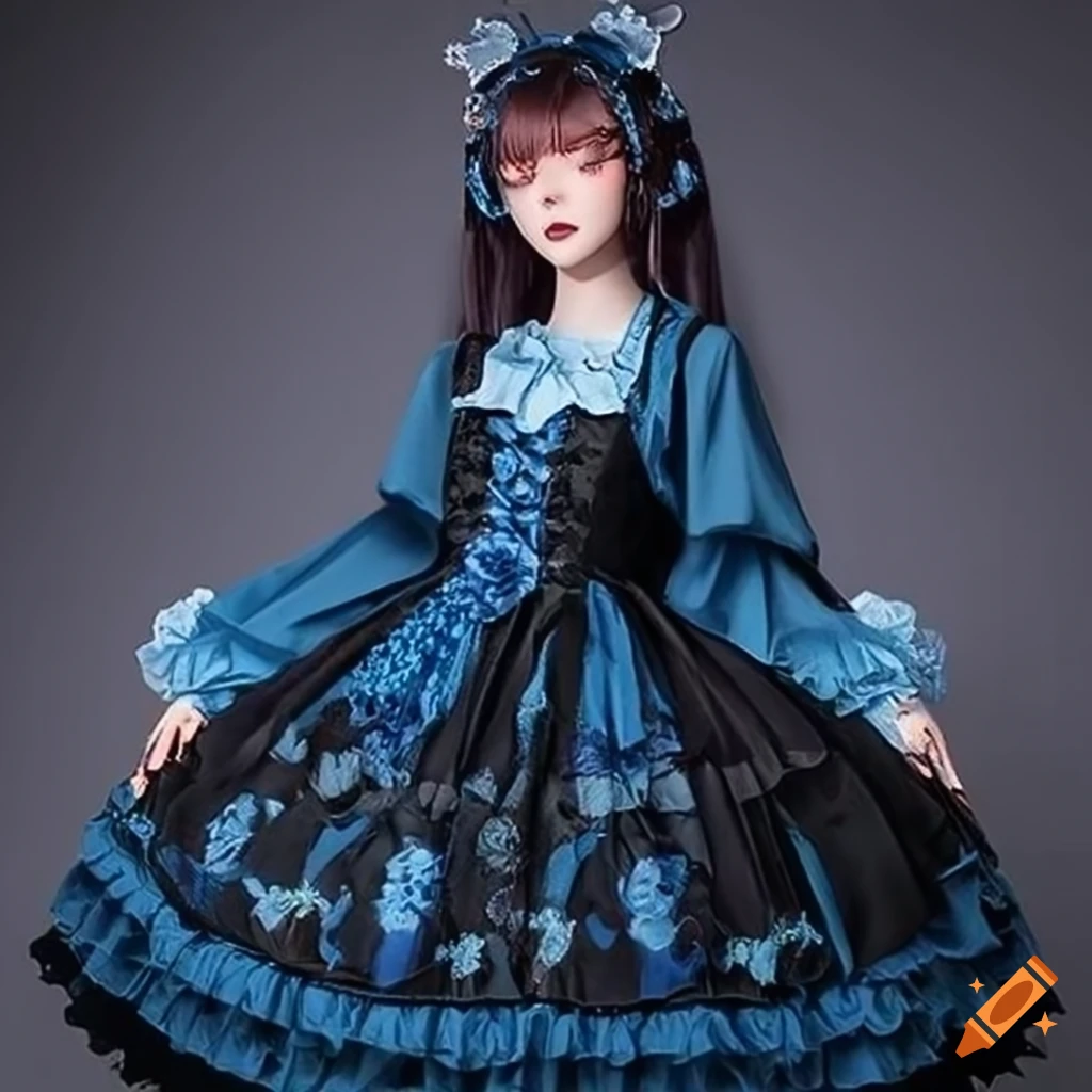 Blue and black gothic lolita dress with butterflies and blue roses on Craiyon