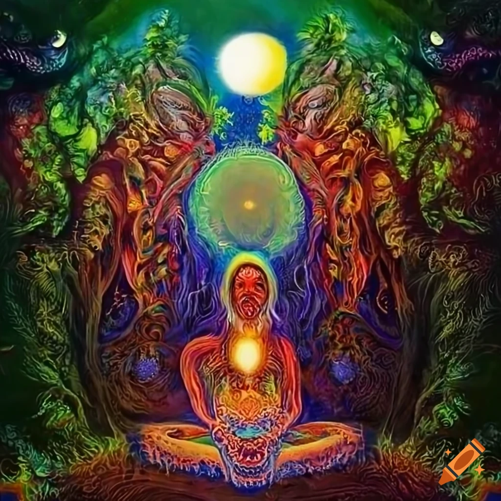 Visionary art of a shamanic ceremony with family and animal spirits on ...