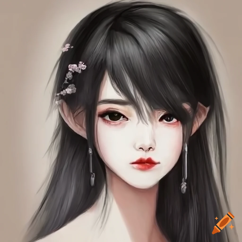 Oil painting of a beautiful japanese girl with long black hair on Craiyon