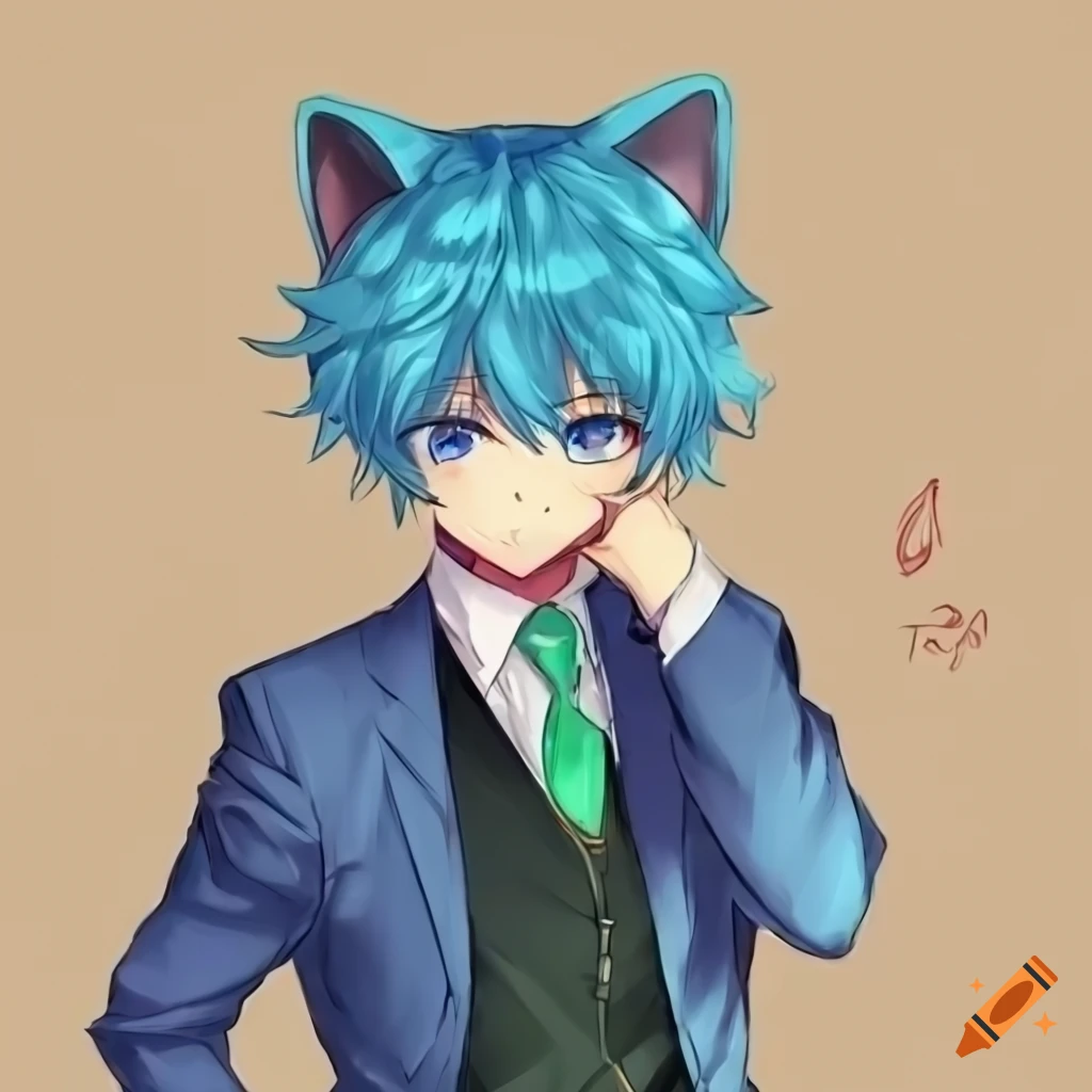 Fullbody drawing of a cute catboy with blue eyes and hair on Craiyon